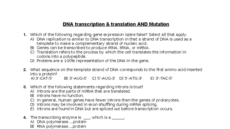 DNA Transcription, Translation & Mutation: Practice Test SN1 - Studocu