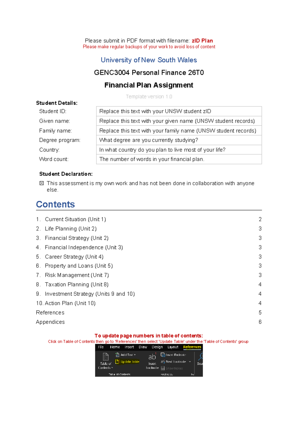 PF26T0 Financial Plan Assignment Template - Studocu