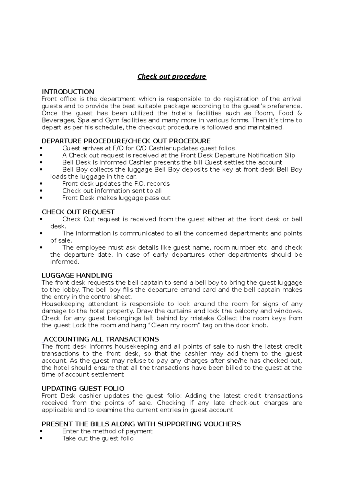 Hotel Front Office Check-Out Procedure Guide - Studocu