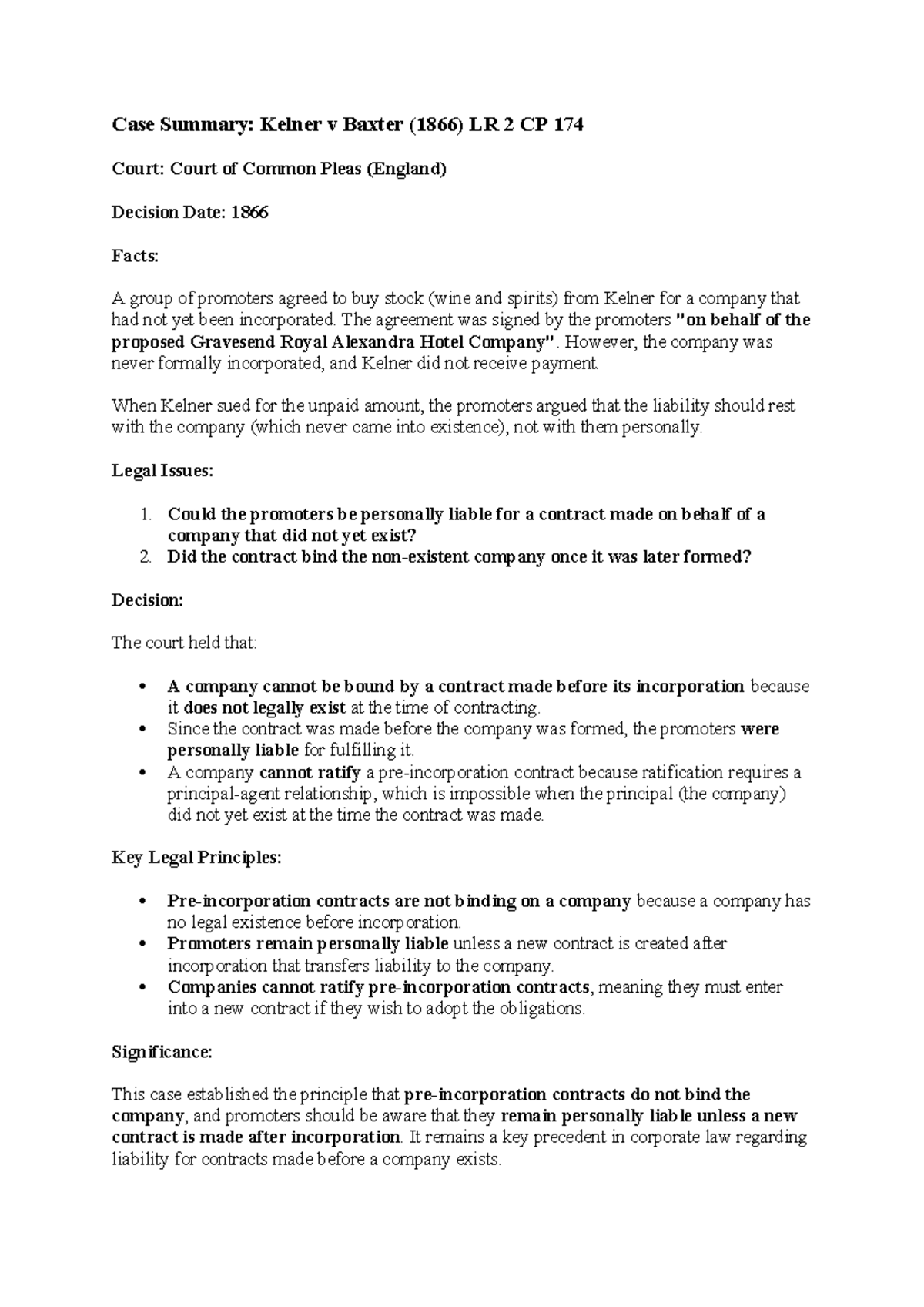Case Summary: Kelner v Baxter (1866) - Liability in Pre-Incorporation ...