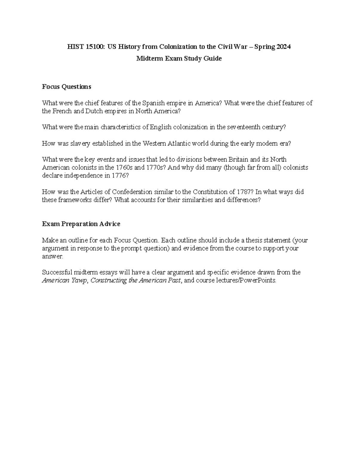 Midterm Study Guide: HIST 15100 - US History to Civil War, Spring 2024 ...