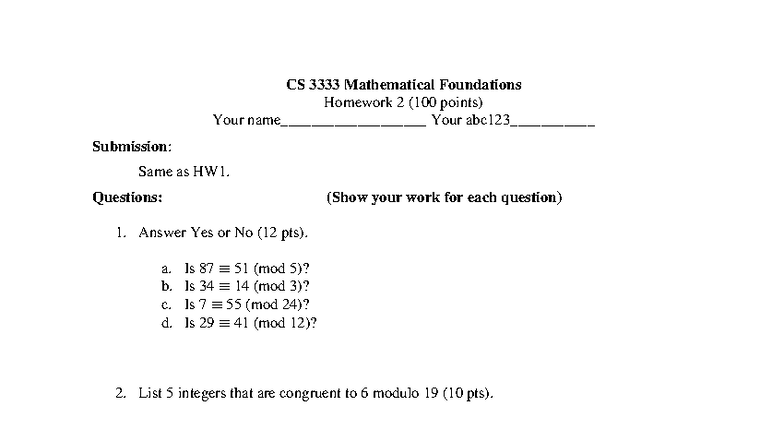 CS 3333 Math Foundations HW2: Modular Arithmetic Problems - Studocu