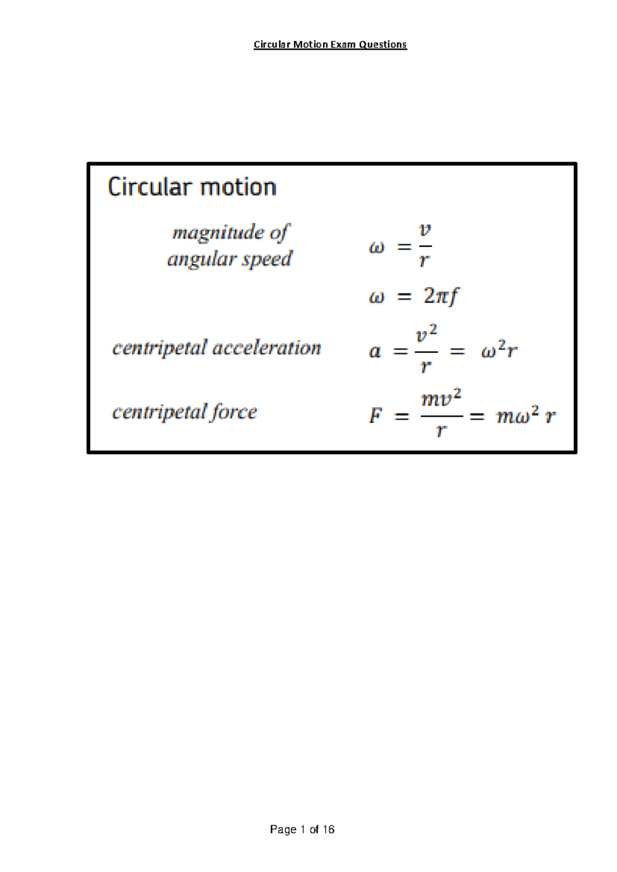 Circular Motion Exam Questions (Physics 101) - Studocu