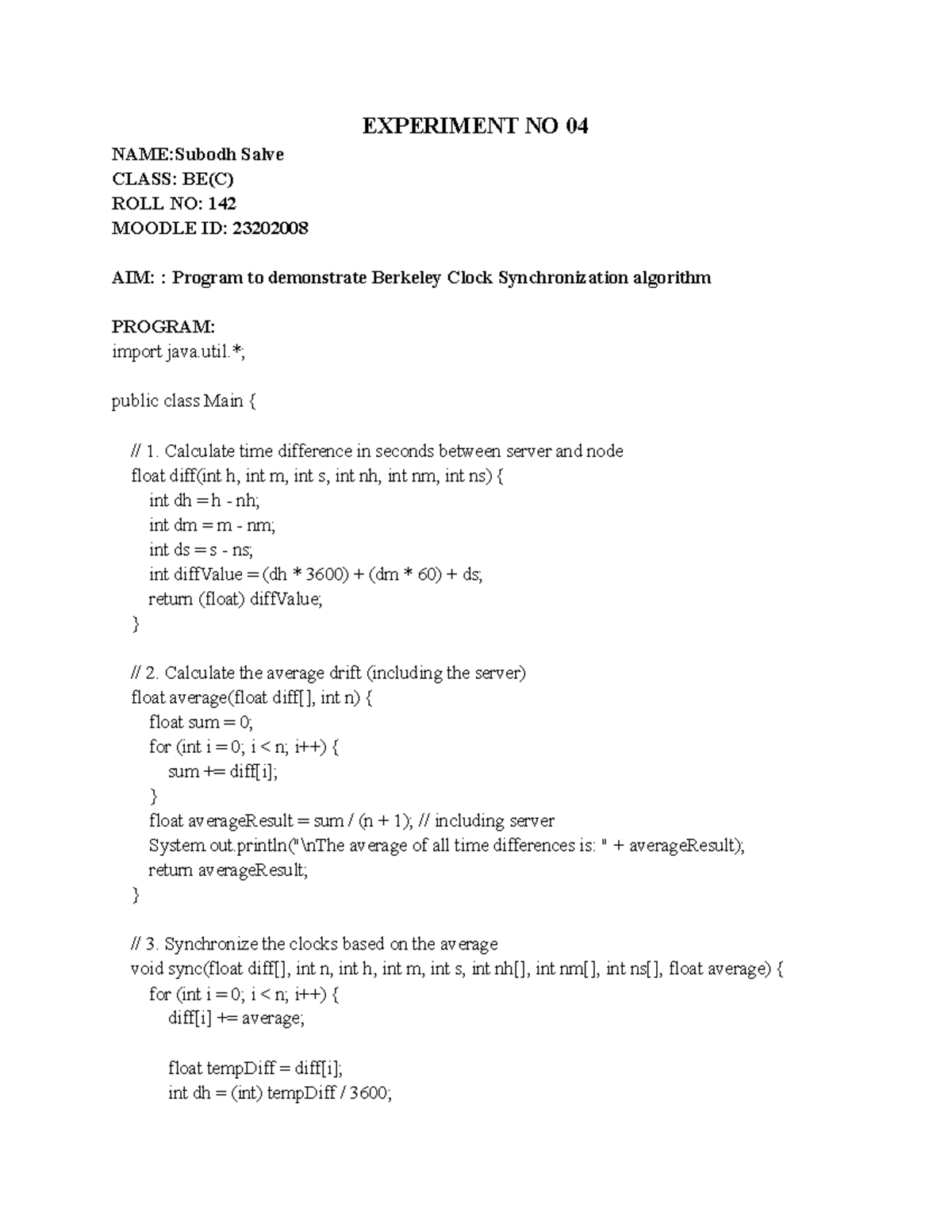 BE(C) Experiment 04: Berkeley Clock Synchronization Algorithm - Studocu