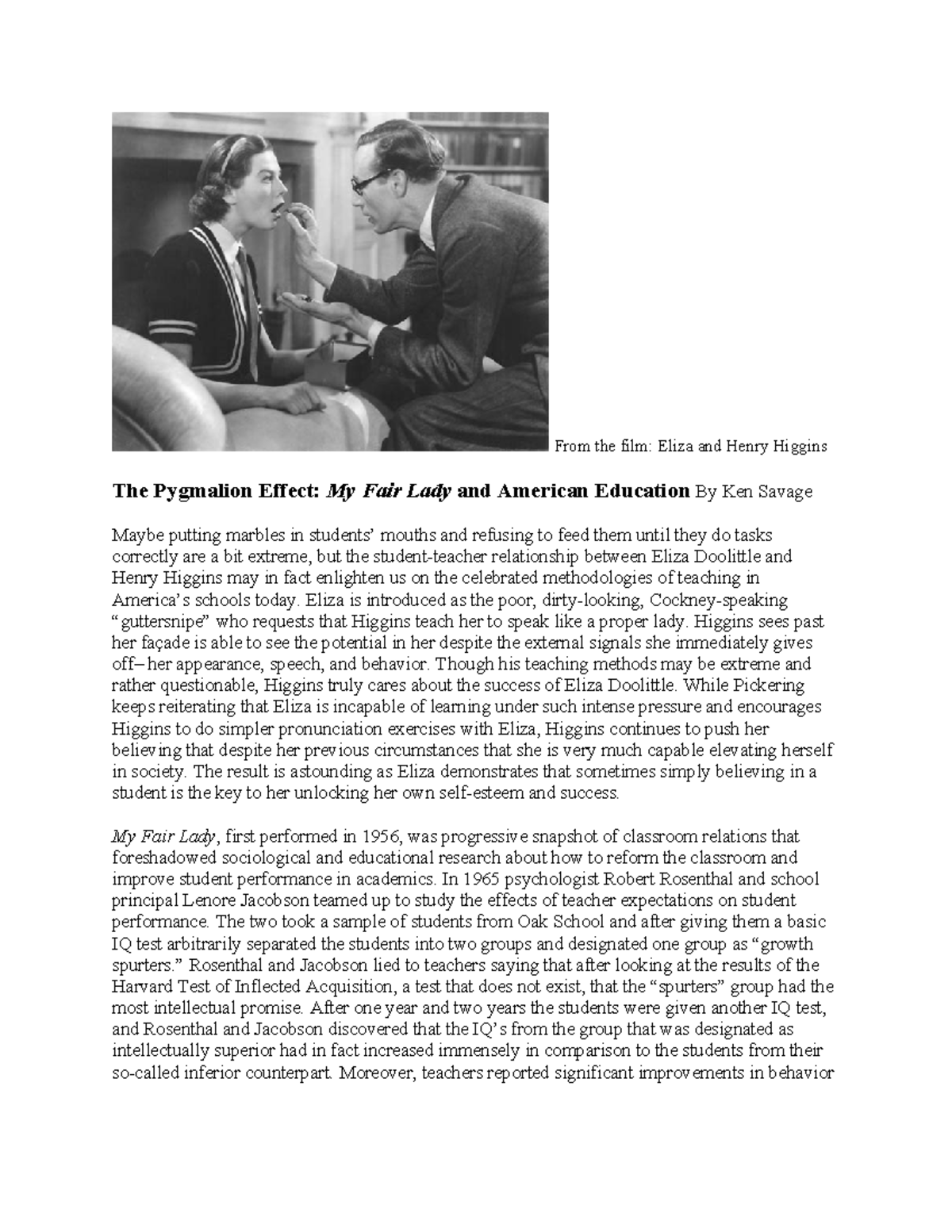 The Pygmalion Effect in Education: Insights from My Fair Lady - Studocu