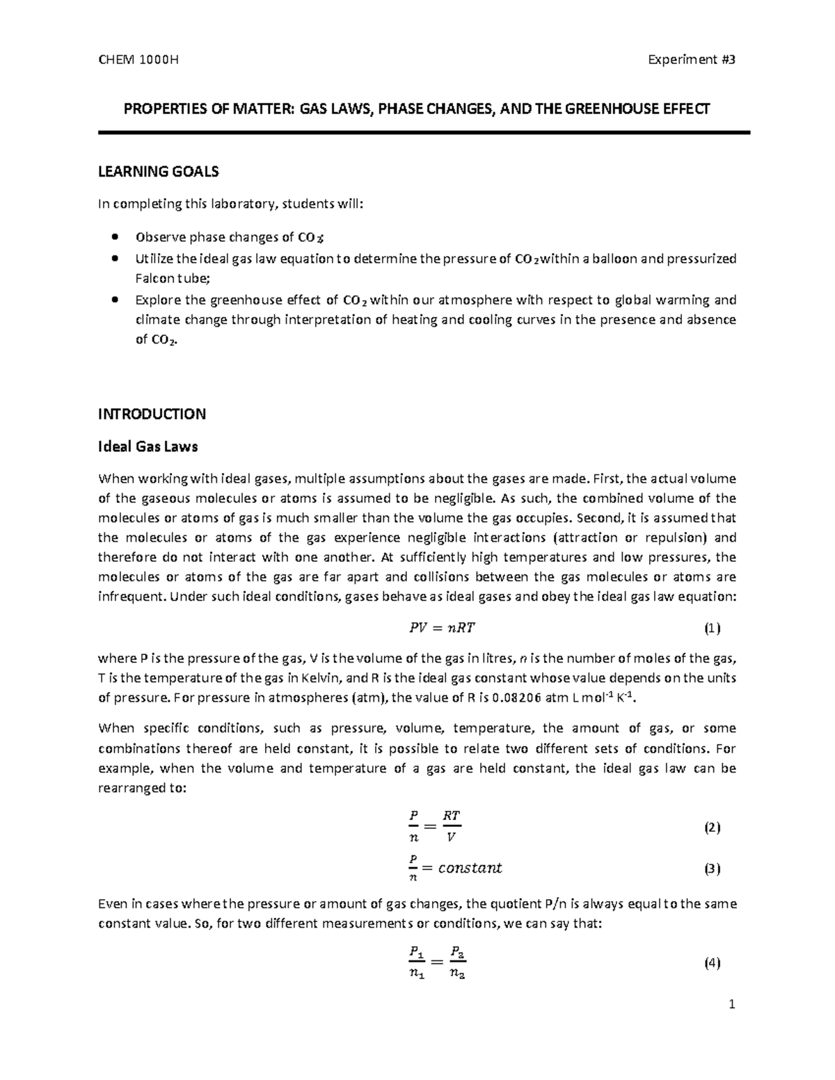CHEM 1000H Experiment 3: Properties of Matter & Gas Laws Analysis - Studocu