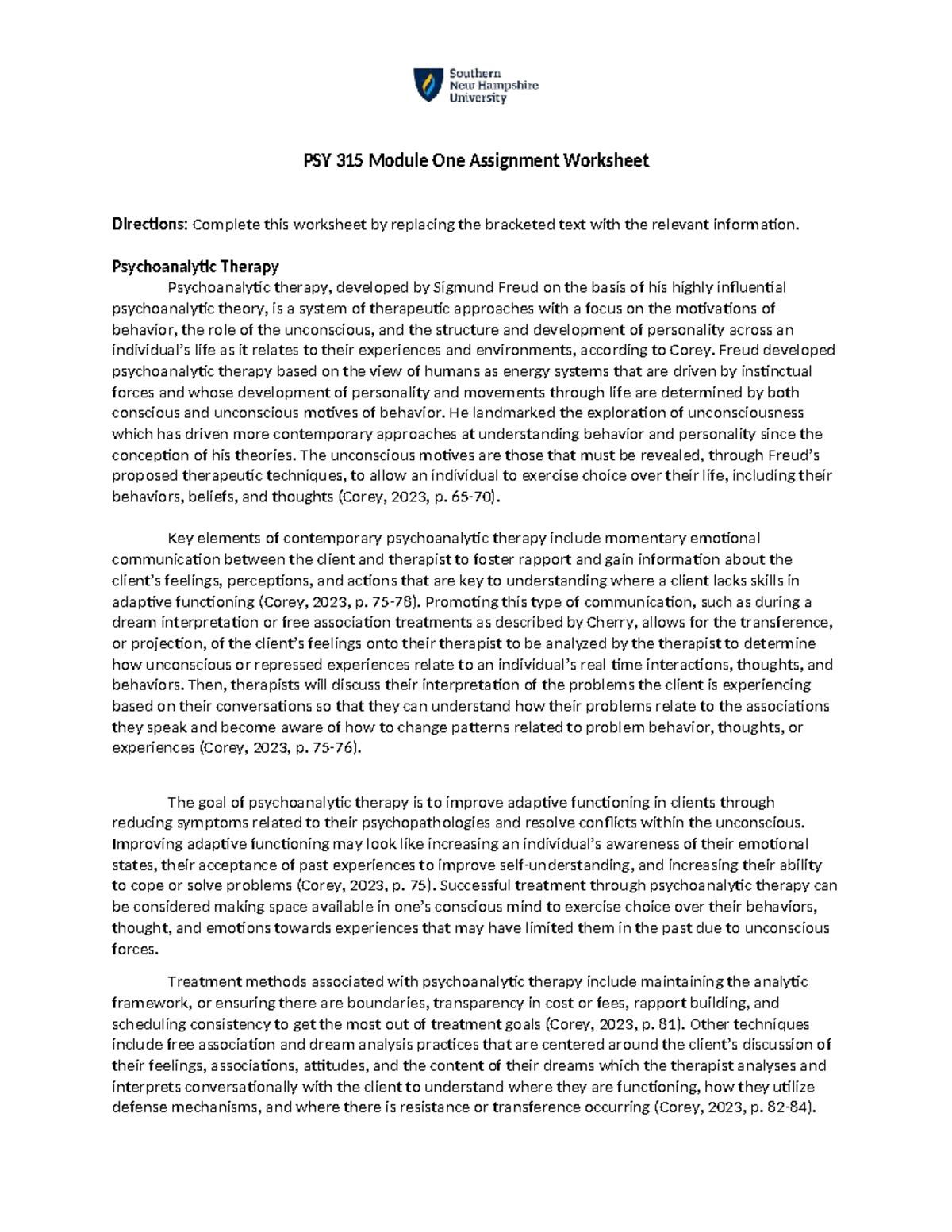 PSY 315 Psychoanalytic Therapy Overview and Treatment Methods - Studocu