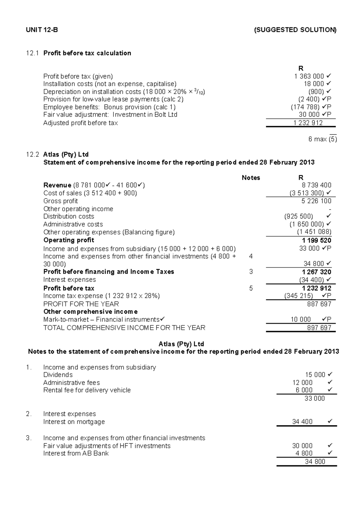 UNIT 12.1 Profit Before Tax Calculation & Atlas (Pty) Ltd Income ...