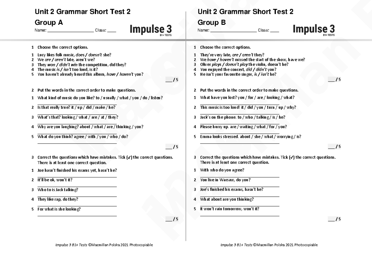 Unit 2 Grammar Short Test 2: Groups A & B - Studocu