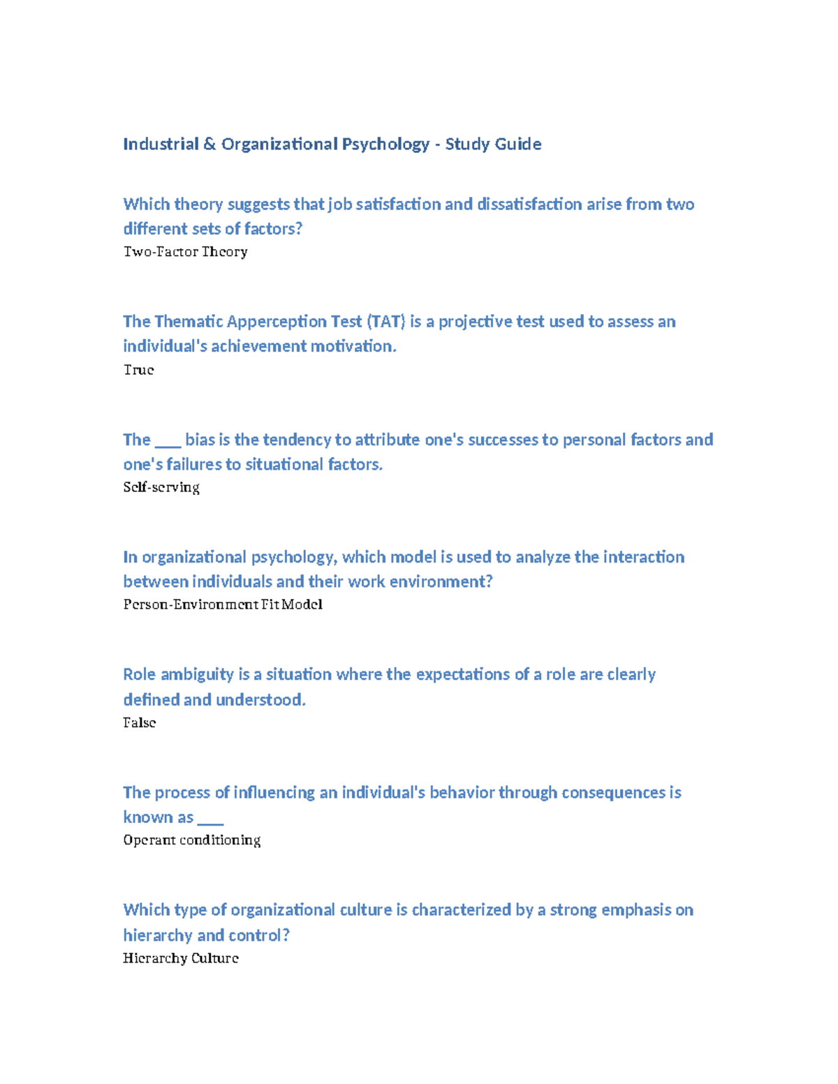 Industrial Organizational Psychology Study Guide: Key Concepts ...