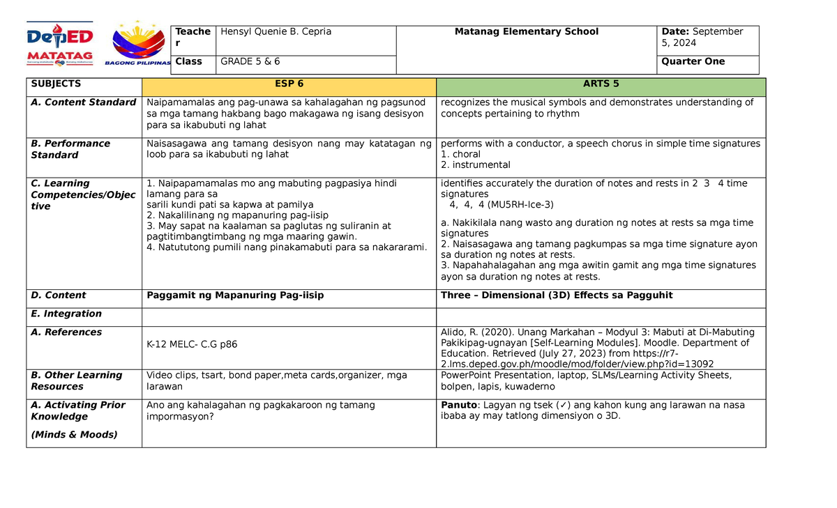 ESP 6 ARTS 5 - Lesson Plan for September 5, 2024 on Decision Making ...