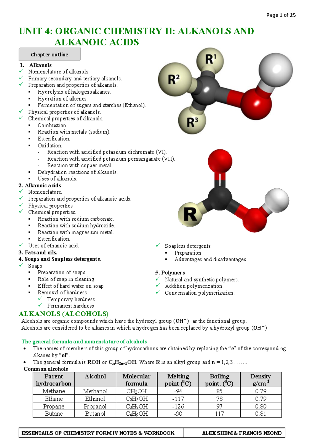 F3: Organic Chemistry II Notes - Alkanols & Alkanoic Acids Overview ...