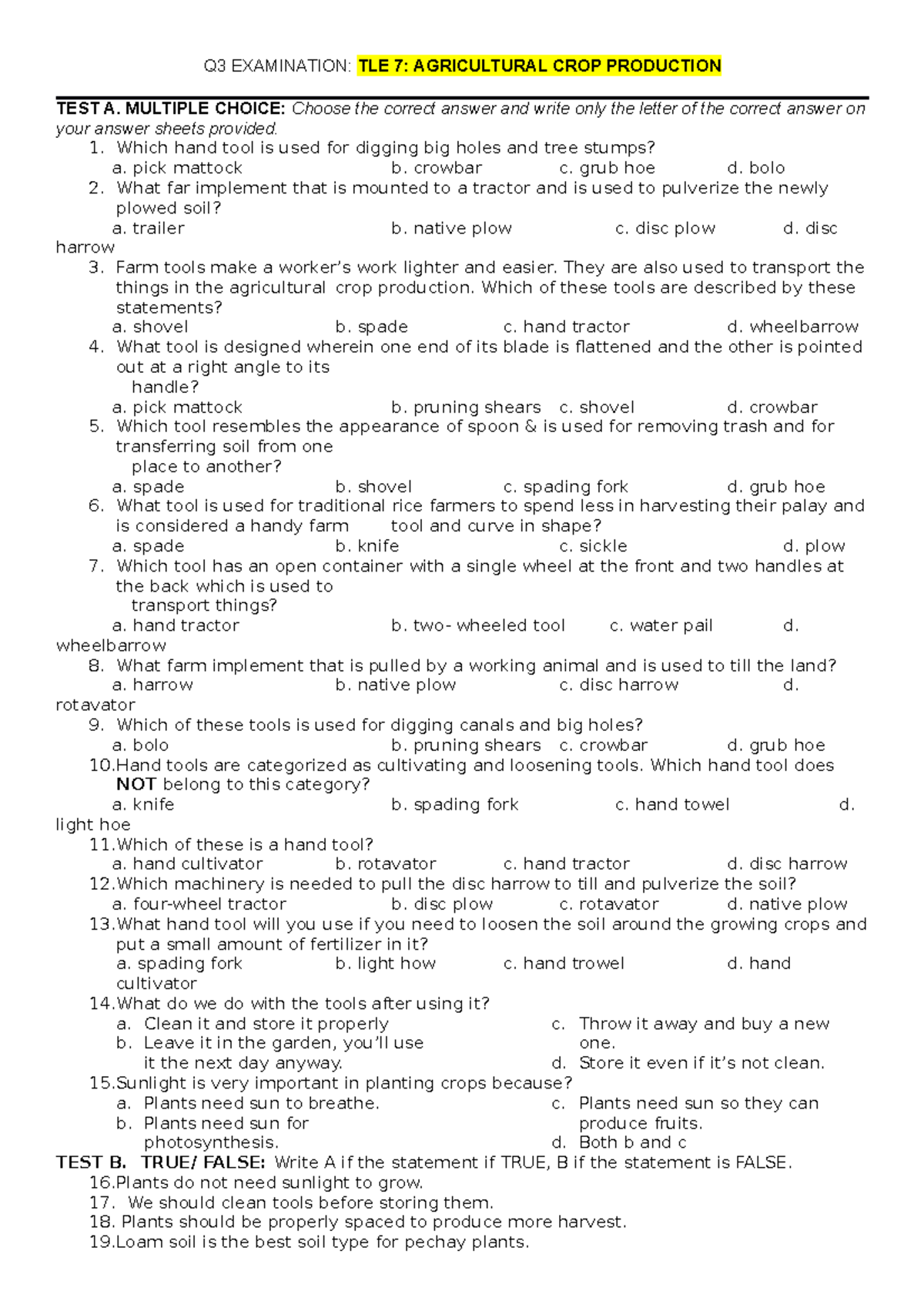 AGRI-CROP 7-8 Production: Q3 Examination Multiple Choice & True/False ...