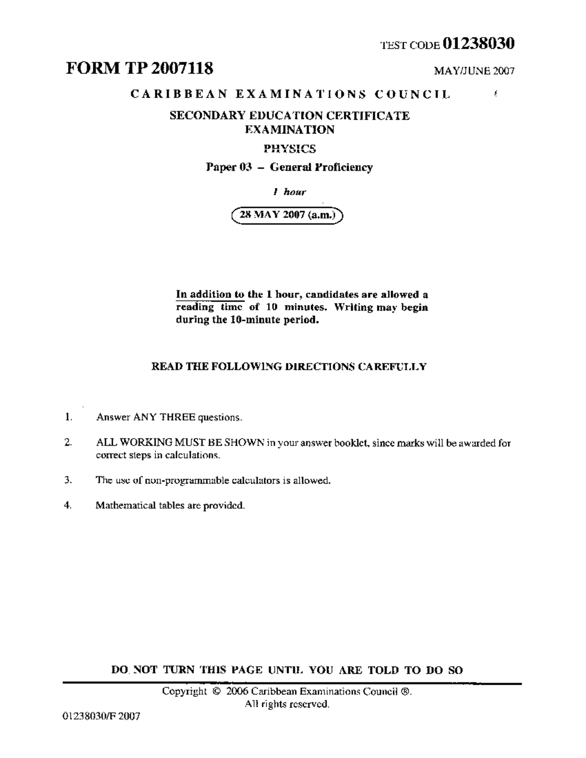 CSEC Physics Exam Paper 03 (01238030) - May/June 2007 - Studocu