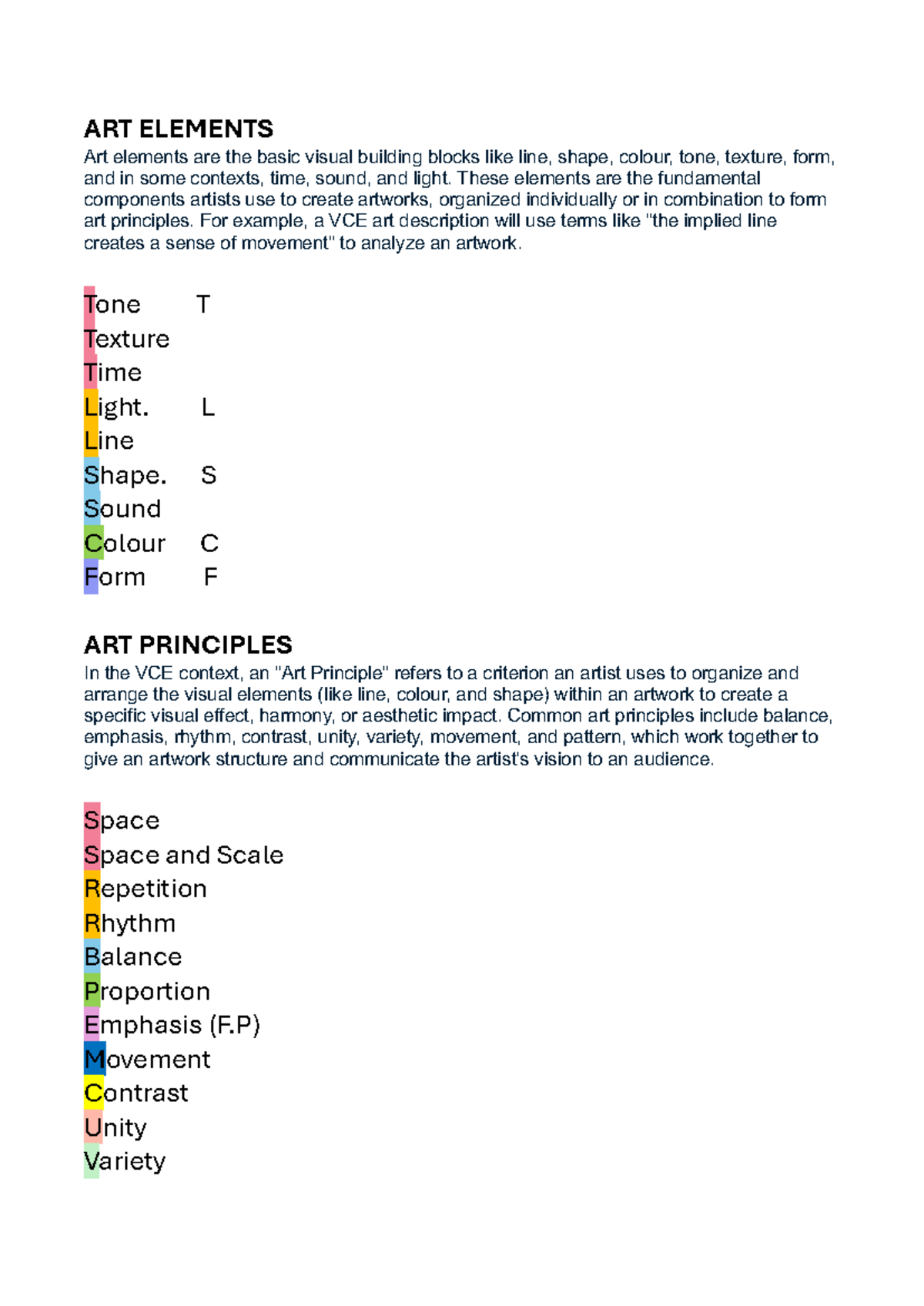 VCE ART Elements and Principles Overview - Studocu