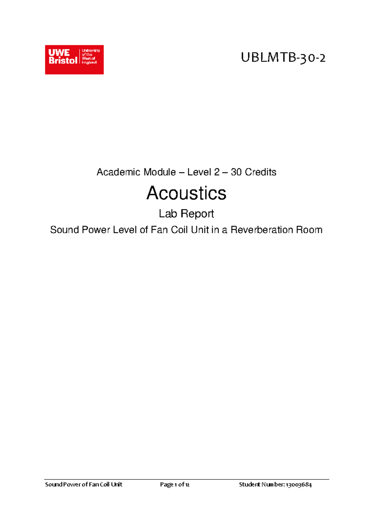 Acoustic Lab Report - 75% - Academic Module – Level 2 – 30 Credits ...