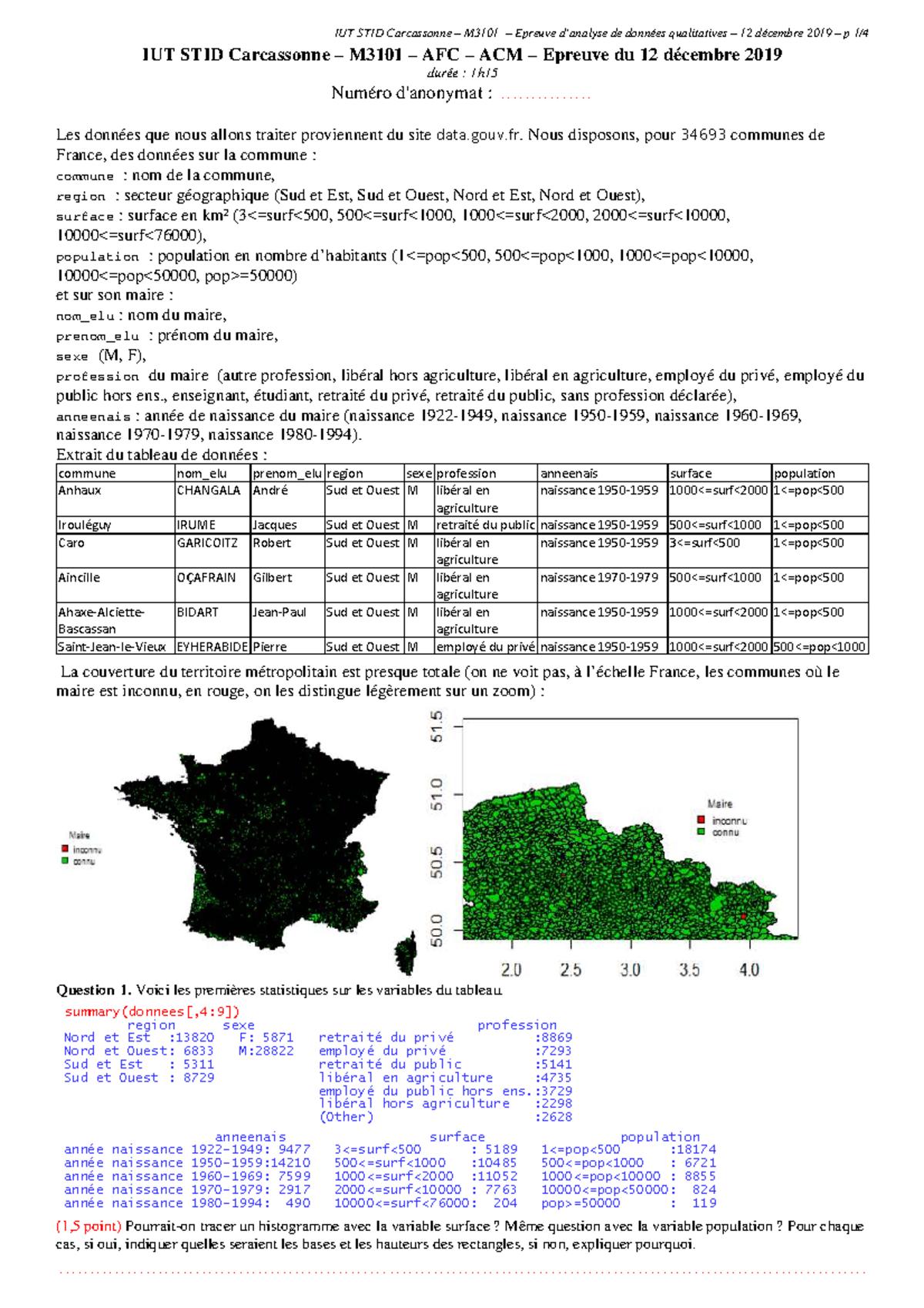 IUT STID Carcassonne M3101 Epreuve de données qualitatives - Partiel S3 ...