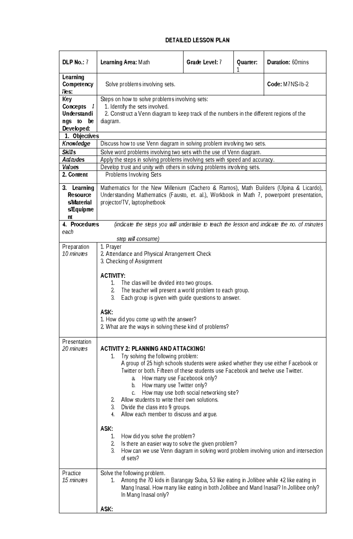DLP7 Math7Q1 - Detailed Lesson Plan on Solving Sets with Venn Diagrams ...