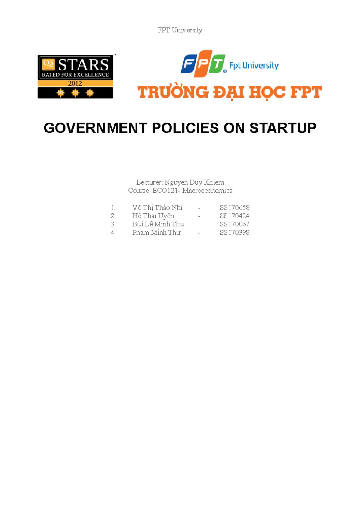 ECO121 Group Assignment Government policies on startups - FPT ...