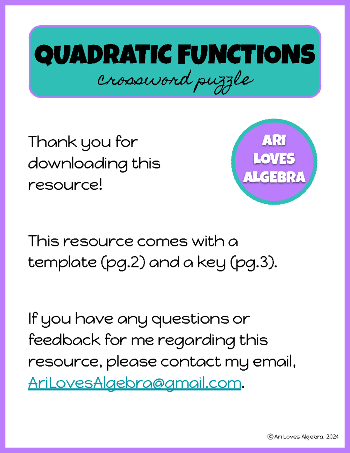 Quadratic Functions Crossword Puzzle-1 (Algebra Resource) - Studocu