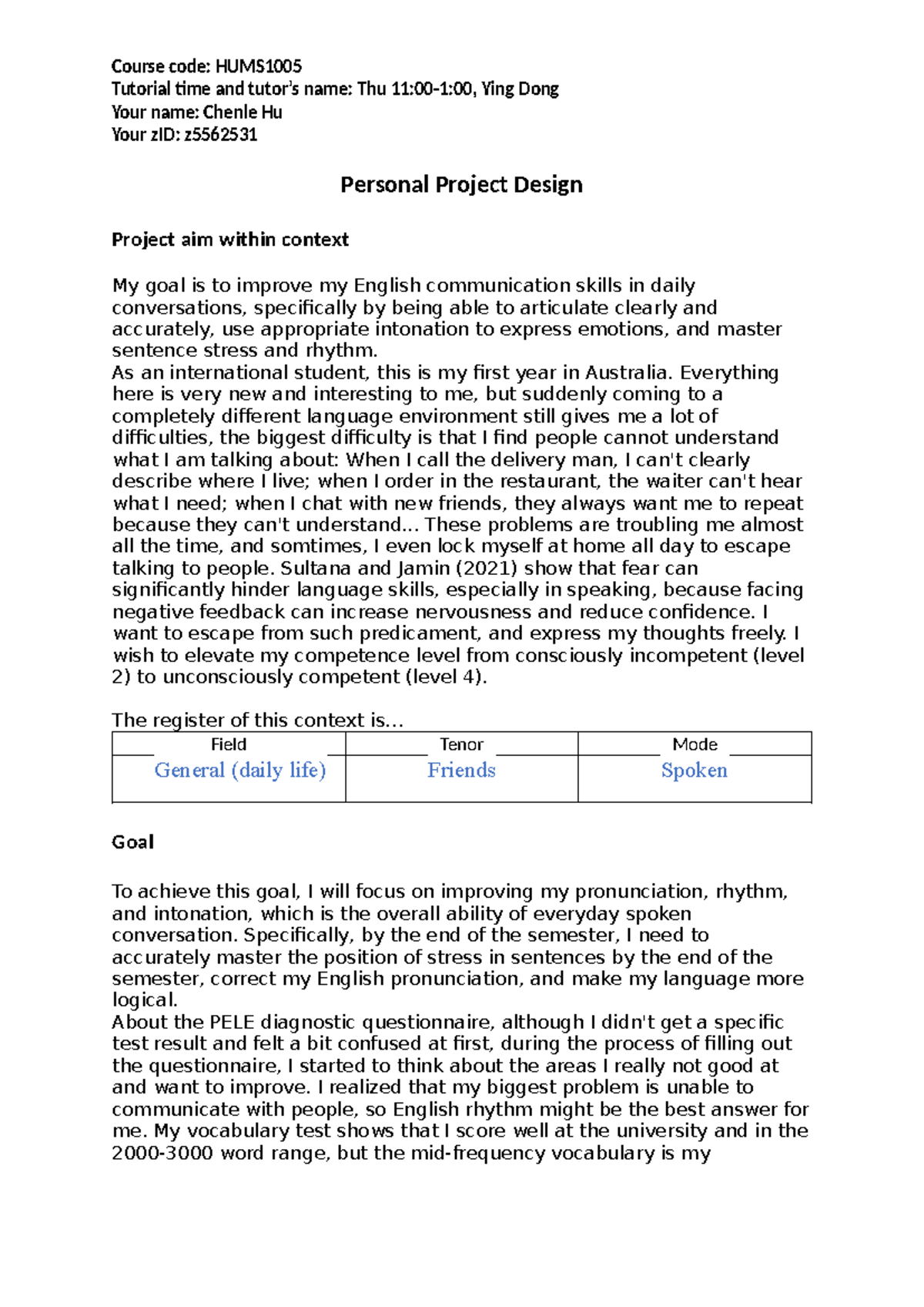 HUMS1005 Personal Project Design: Enhancing English Communication ...