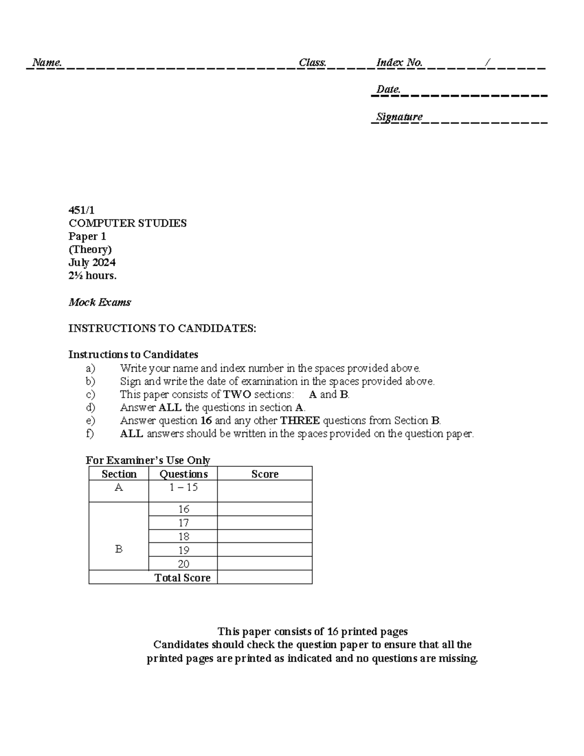 COMPUTER STUDIES Paper 1 (Theory) Mock Exam July 2024 - Studocu