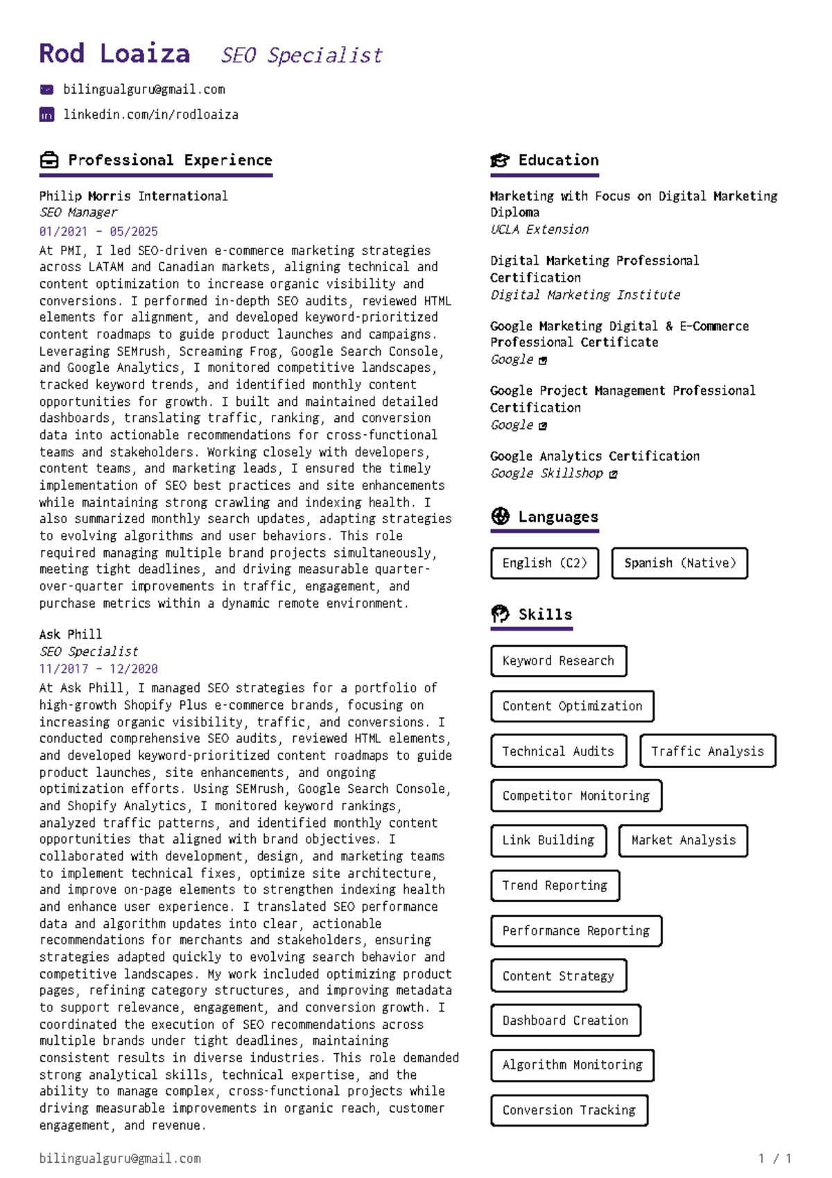 R0d Res SEOSpec 0825 - Professional Experience in SEO Management - Studocu