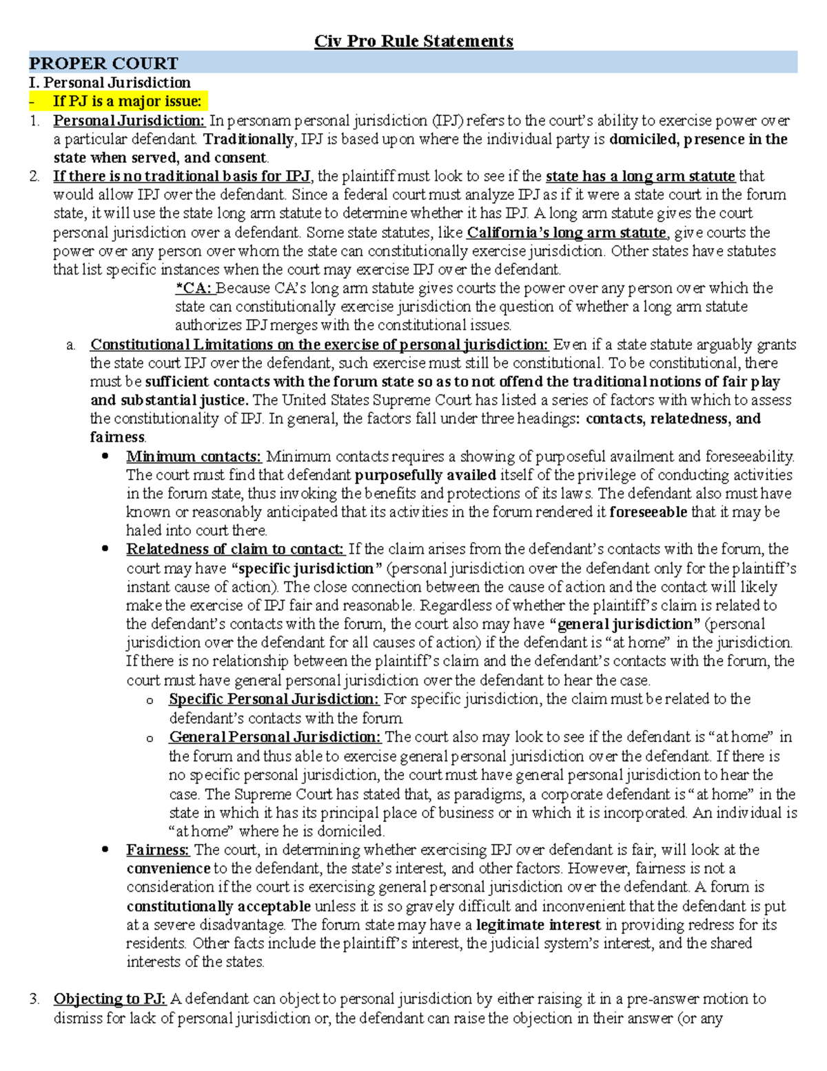 Civ Pro Rule Statements Overview: Personal & Subject Matter ...