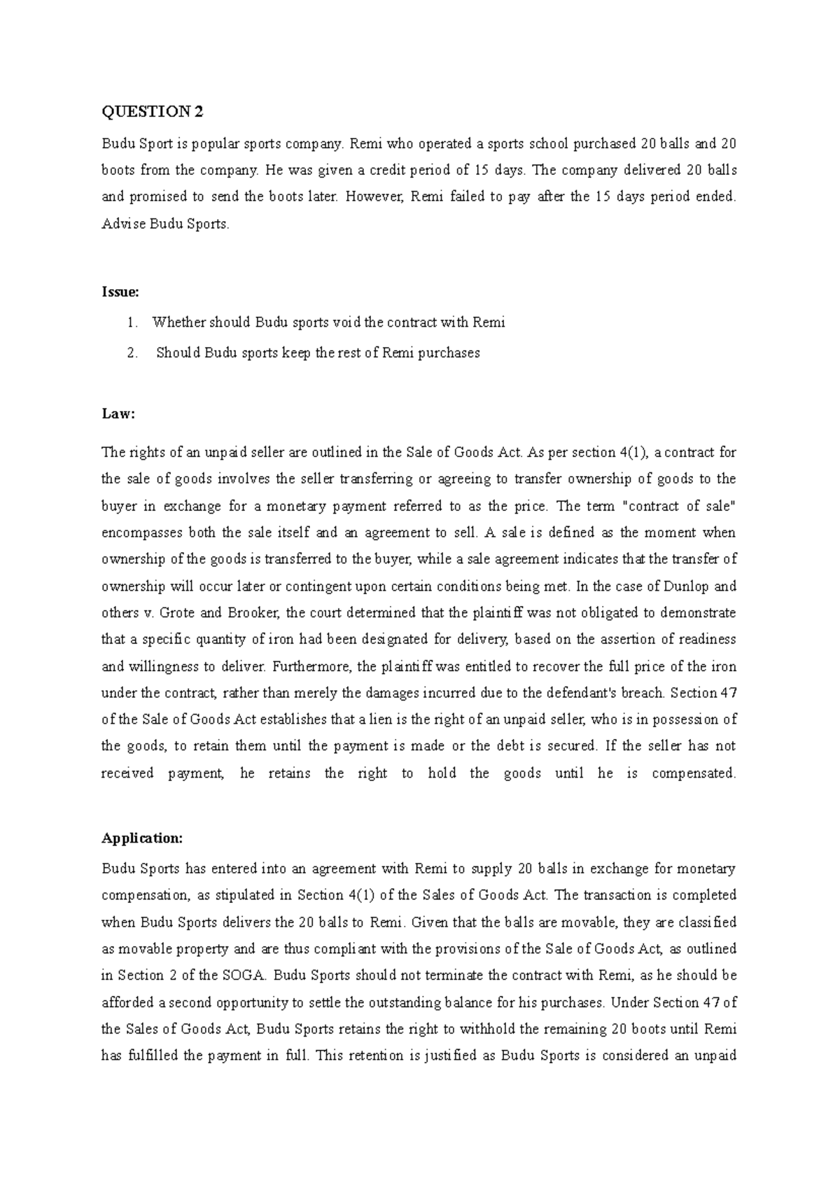 Law299 Case Study: Rights of Unpaid Seller in Budu Sports Contract ...