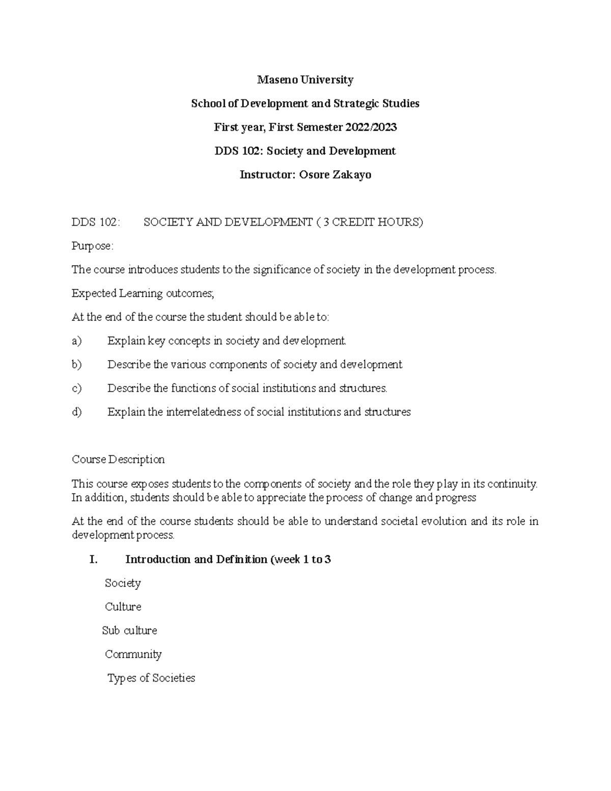 DDS 102 Course Outline: Society and Development Notes Overview - Studocu