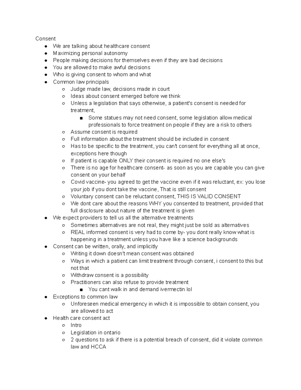 Healthcare Law - Consent Notes: Autonomy, Legislation & Common Law ...