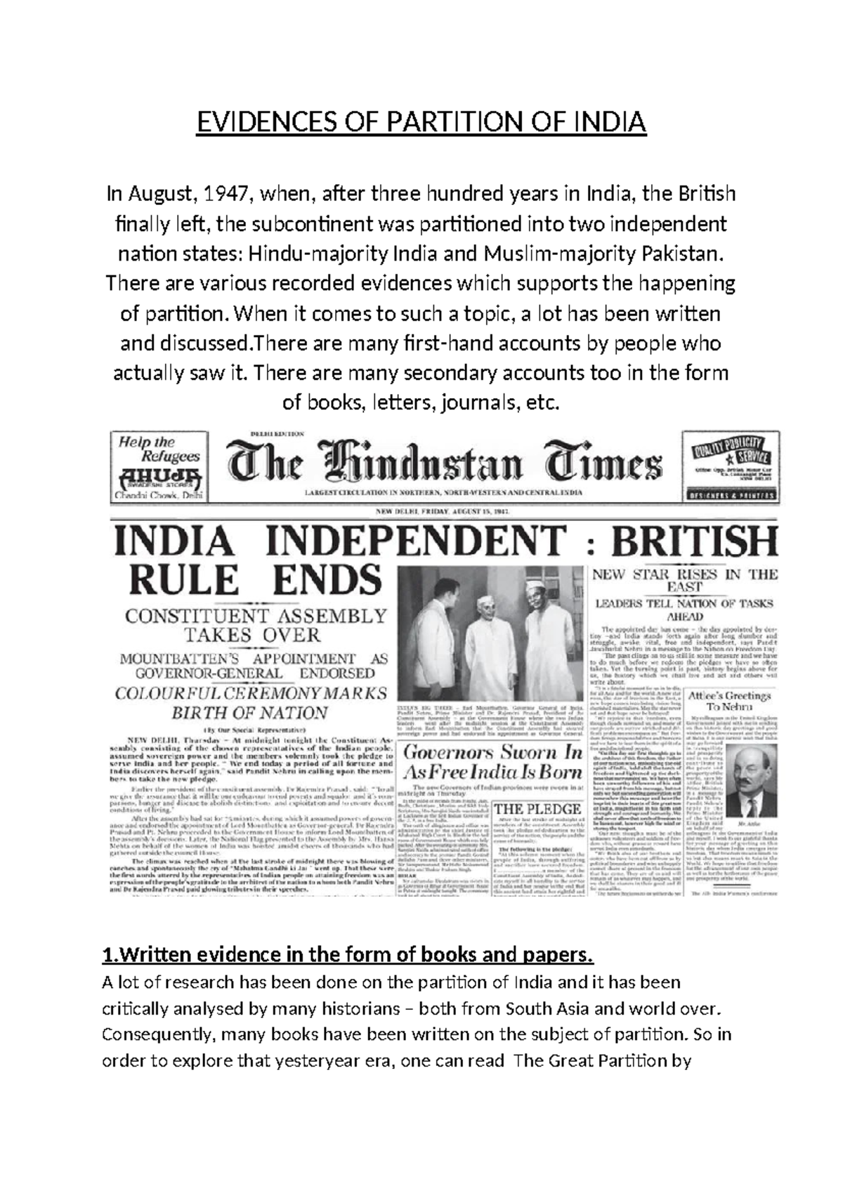 Evidences OF Partition OF India - EVIDENCES OF PARTITION OF INDIA In ...
