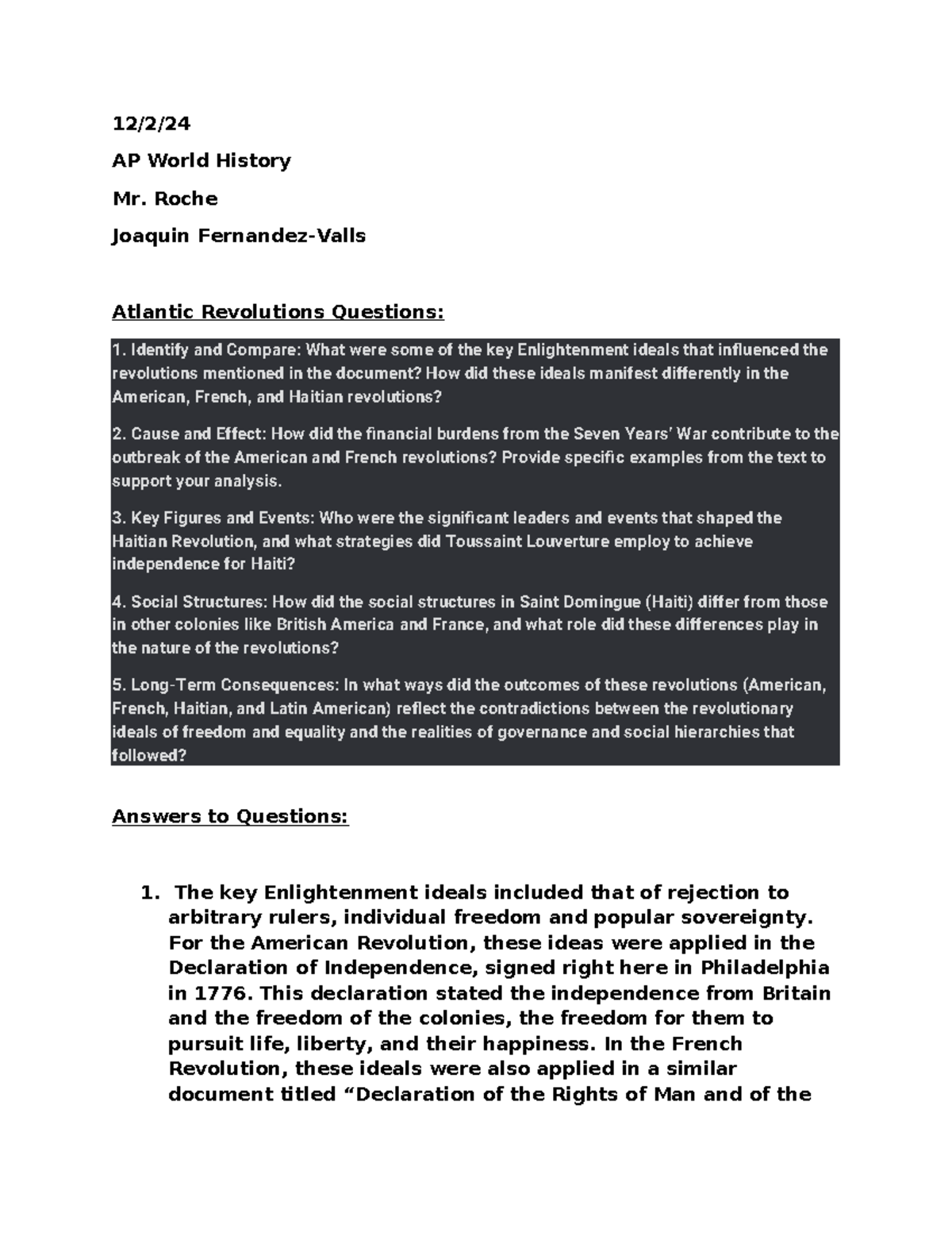 AP World - Atlantic Revolution - 12/2/ AP World History Mr. Roche ...