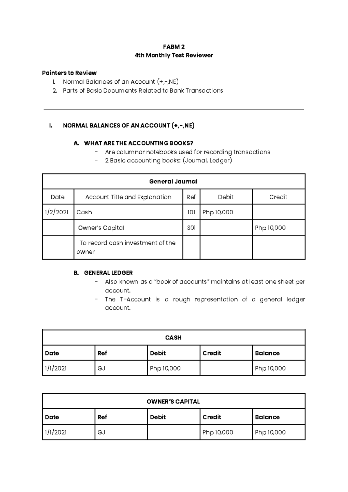 FABM 2 4th Monthly Test Review: Normal Balances & Bank Transactions ...