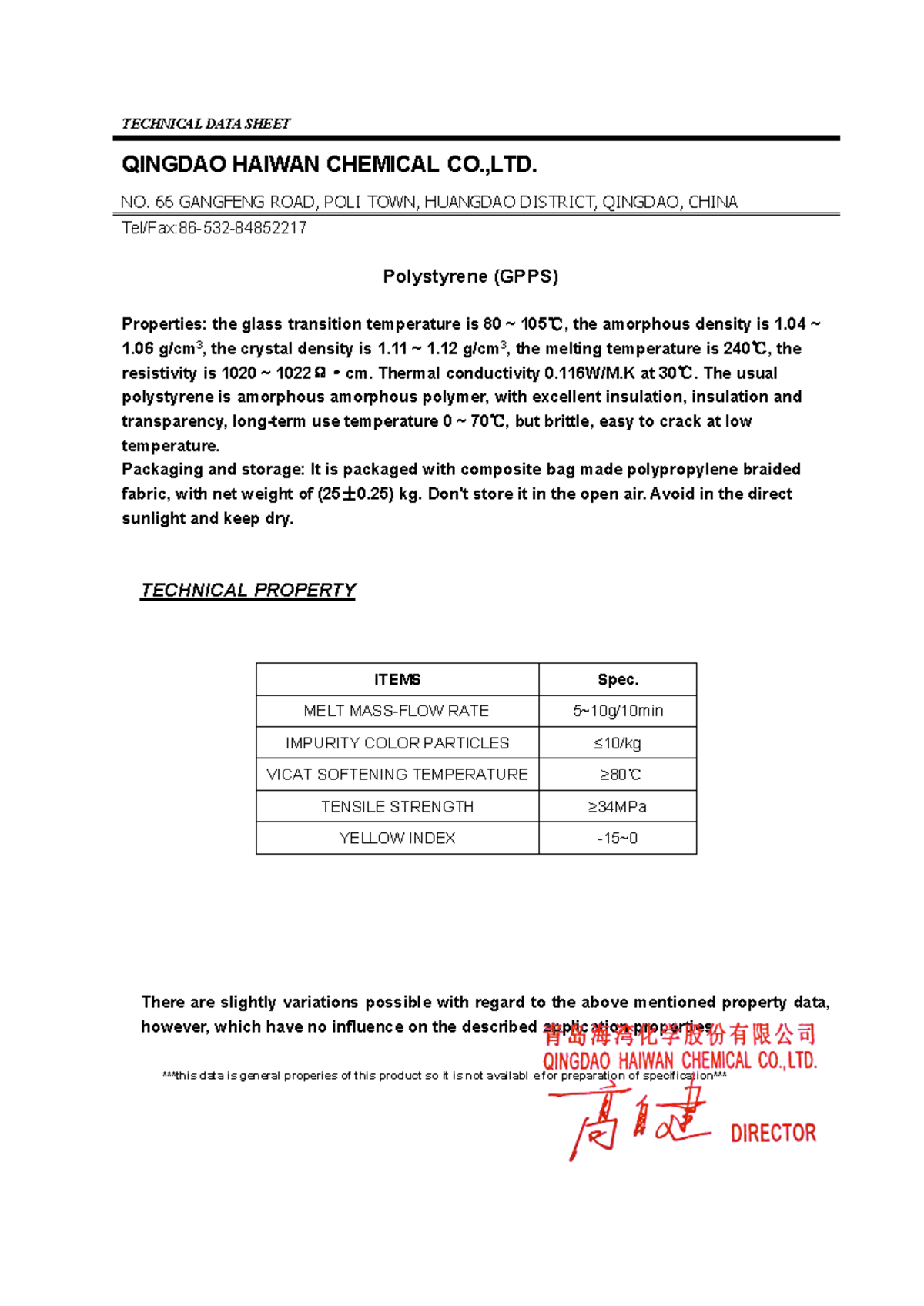 GPPS Technical Data Sheet - Qingdao Haiwan Chemical Co. - Studocu