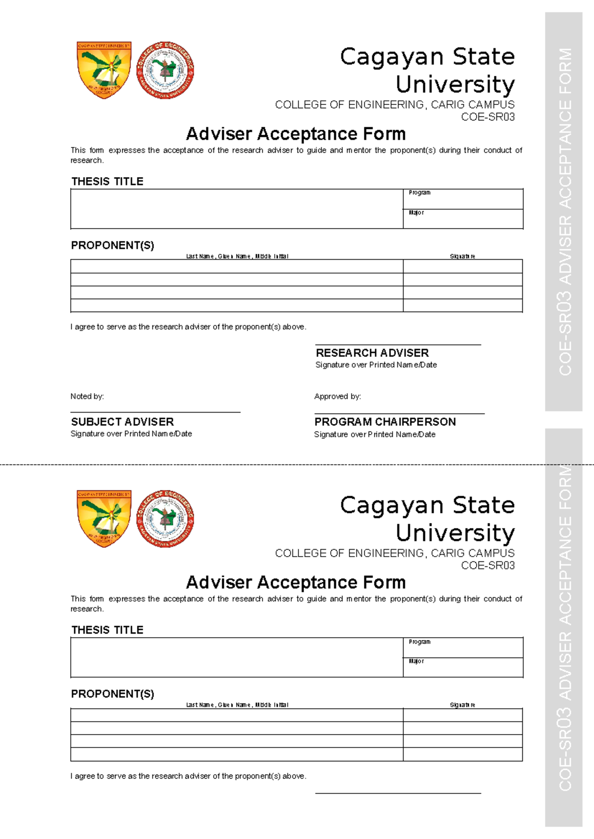 COE SR03 Adviser Acceptance - COE - SR 03 ADVISER ACCEPTANCE FORM COE ...