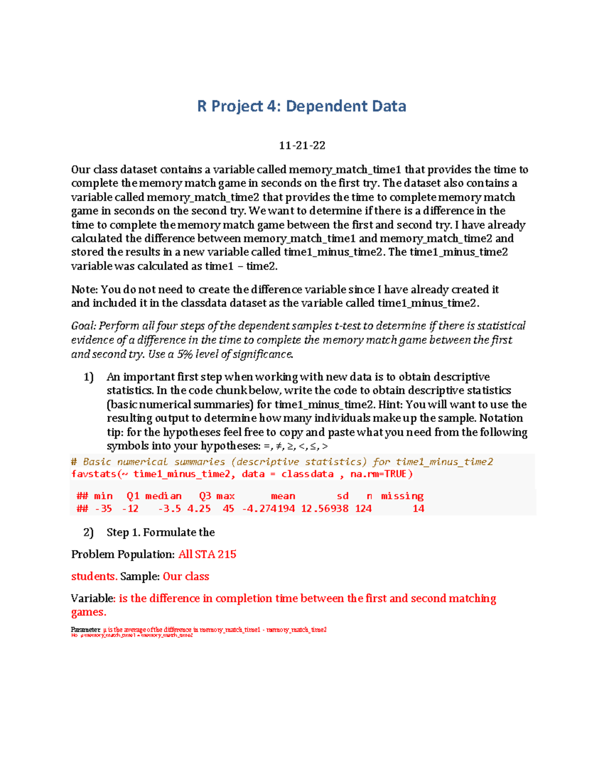 R Project 4 - Dependent Samples T-Test on Memory Match (STA 215) - Studocu