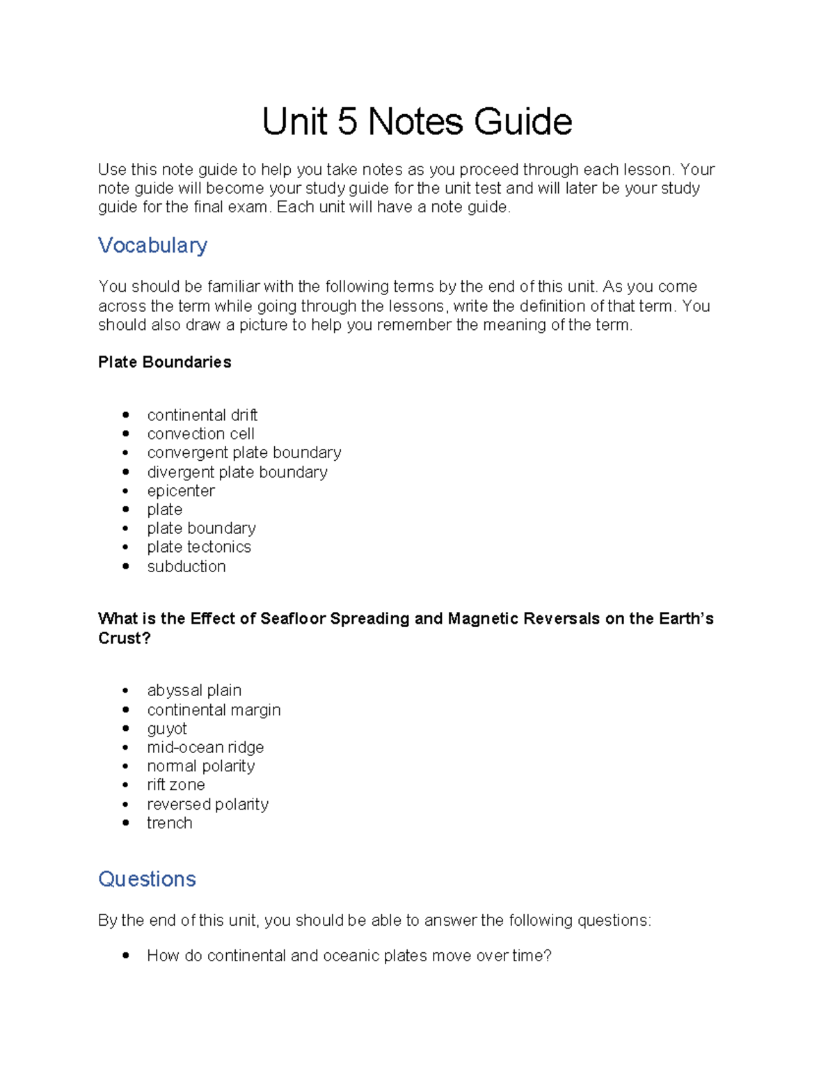 Unit 5 Study Guide: Plate Tectonics & Boundaries for Exam - Studocu
