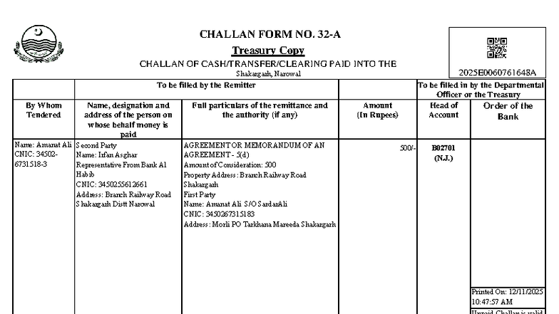 Challan Form No. 2025E0060761648A - Shakargarh Treasury Copy - Studocu