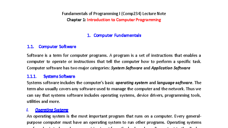 Fundamentals of Programming I (Comp234) Lecture Note: Chapter 1 ...