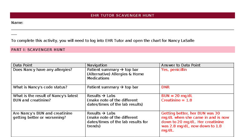 EHR Tutor Scavenger Hunt: Faculty Guide for Charting Activities - Studocu