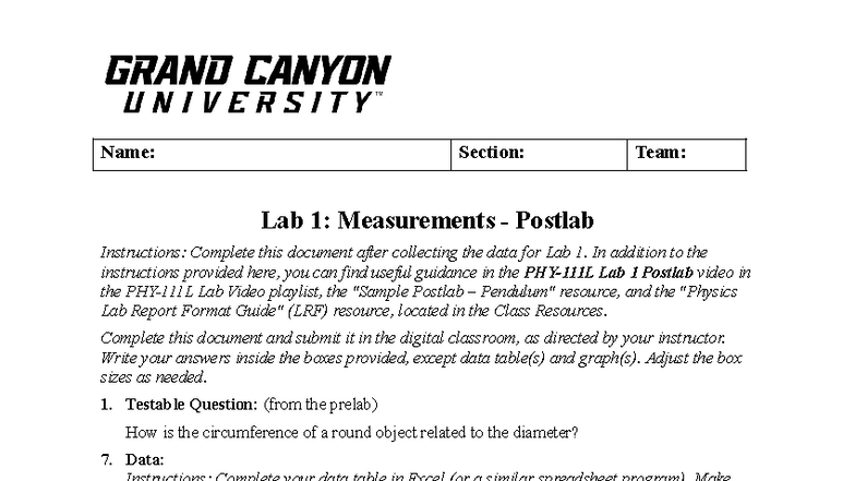 PHY111L: Lab 1 Postlab - Measurements & Data Analysis - Studocu