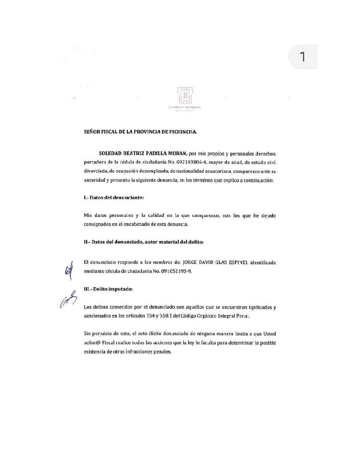 Denuncia Soledad Padilla VS Jorge Glass - 1 INSINA ASOCIADOS SEÑOR ...