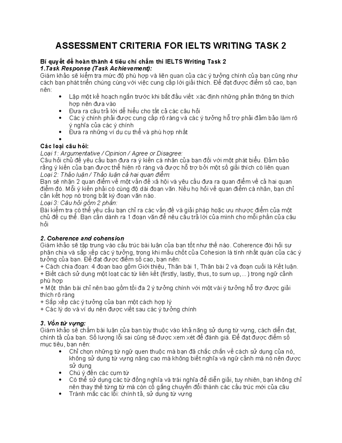 Assessment Criteria FOR Ielts Writing TASK 2 - ASSESSMENT CRITERIA FOR ...