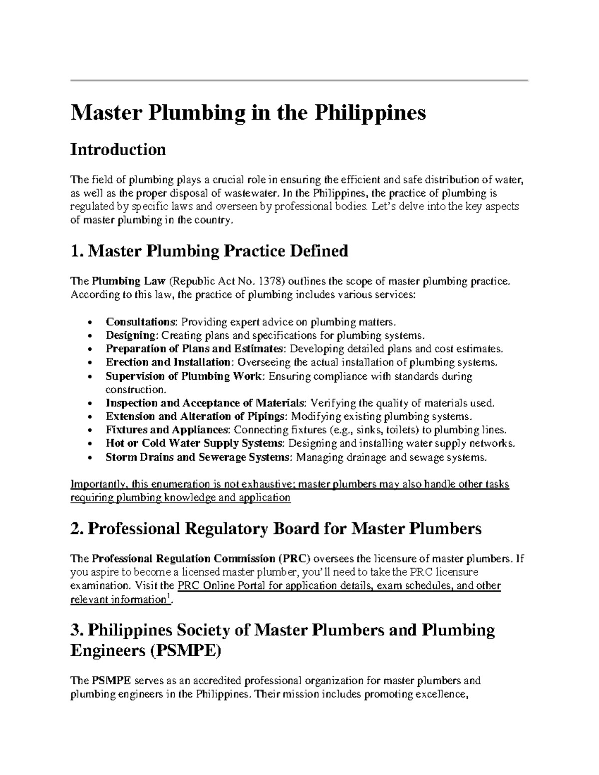Master Plumber Overview: Essential Insights for the Philippines - Studocu