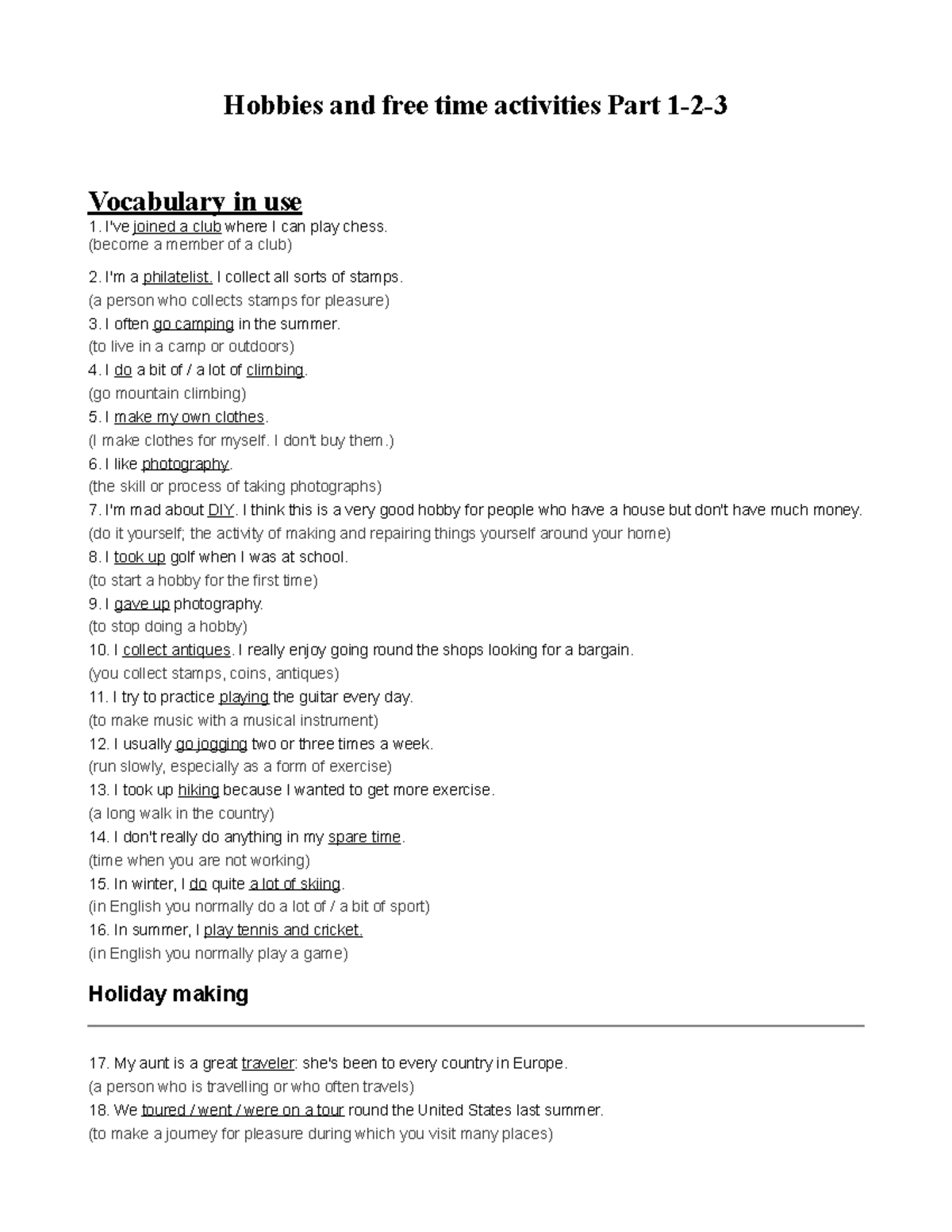 Hobbies and Free Time Activities: Vocabulary for Speaking (Part 1 ...