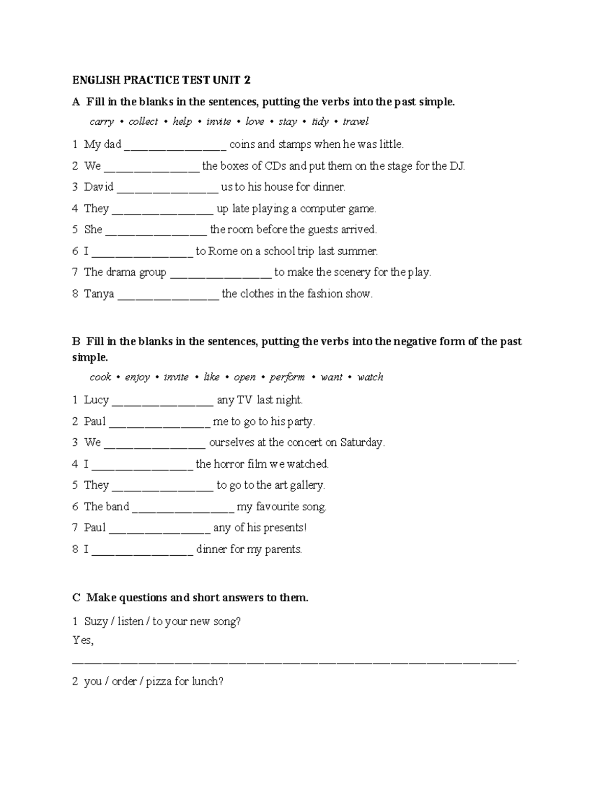 ENGLISH PRACTICE TEST: PAST SIMPLE UNIT 2 - Studocu