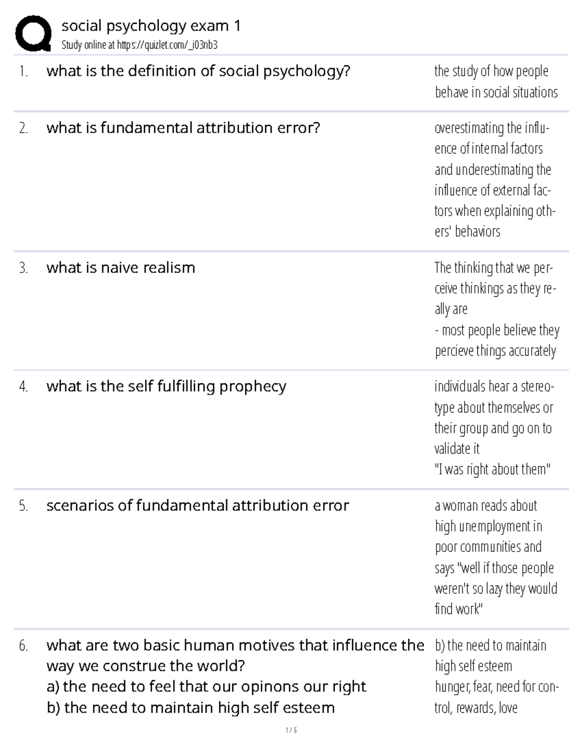 Social Psychology Exam 1 Study Guide: Key Concepts and Definitions ...