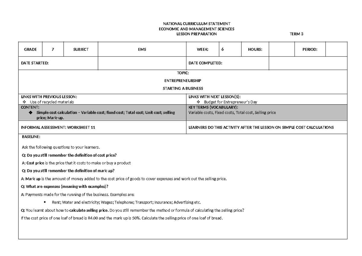 7. EMS Lesson Plan: Simple Cost Calculation for Entrepreneurship - Studocu