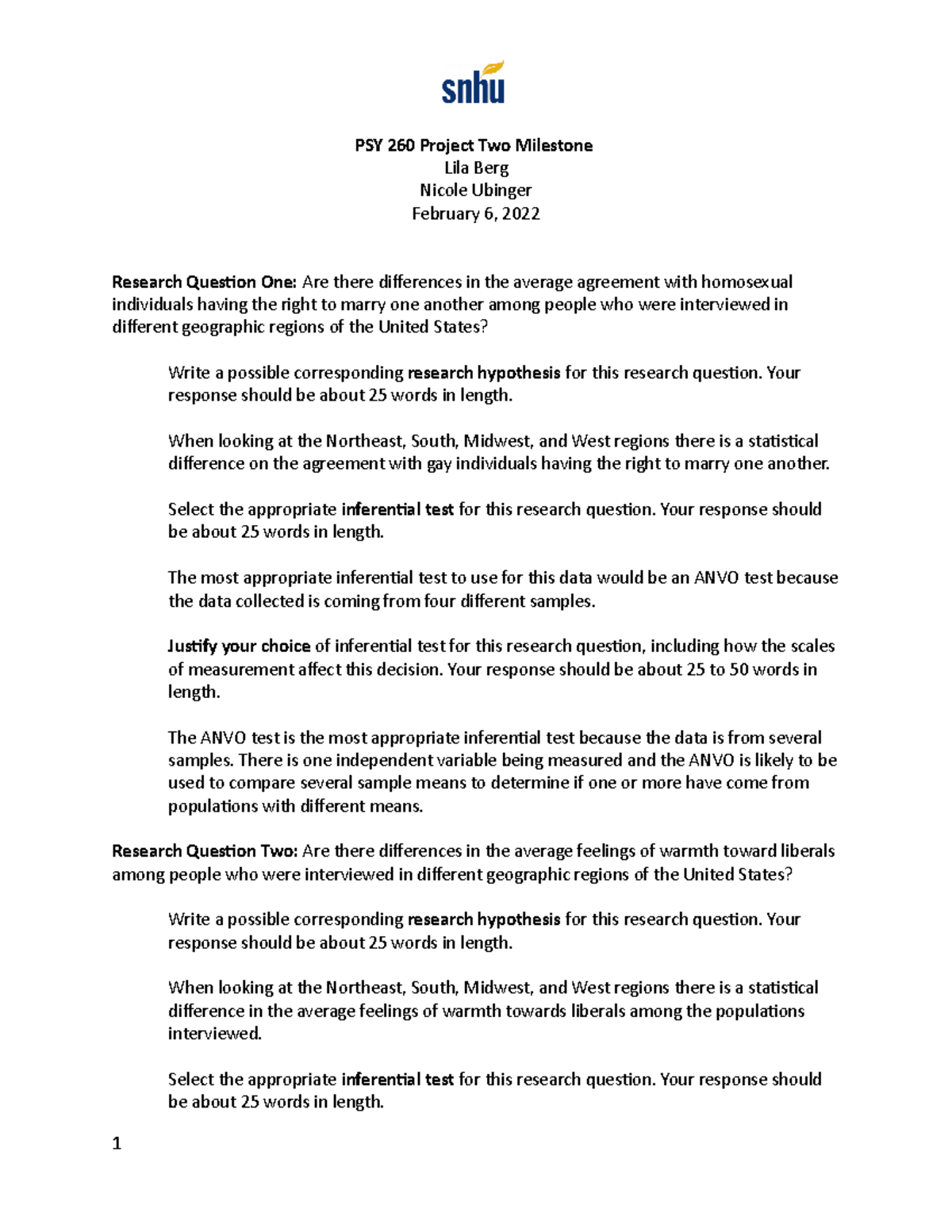 PSY260 Project Two Milestone Grade received A - PSY 260 Project Two ...